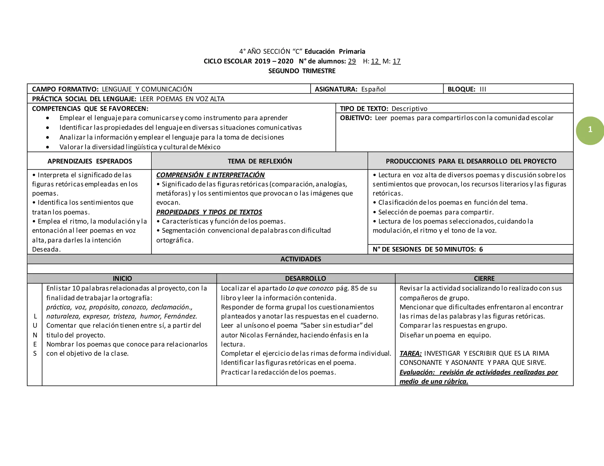 Plan de clase 4 grado | DOCX