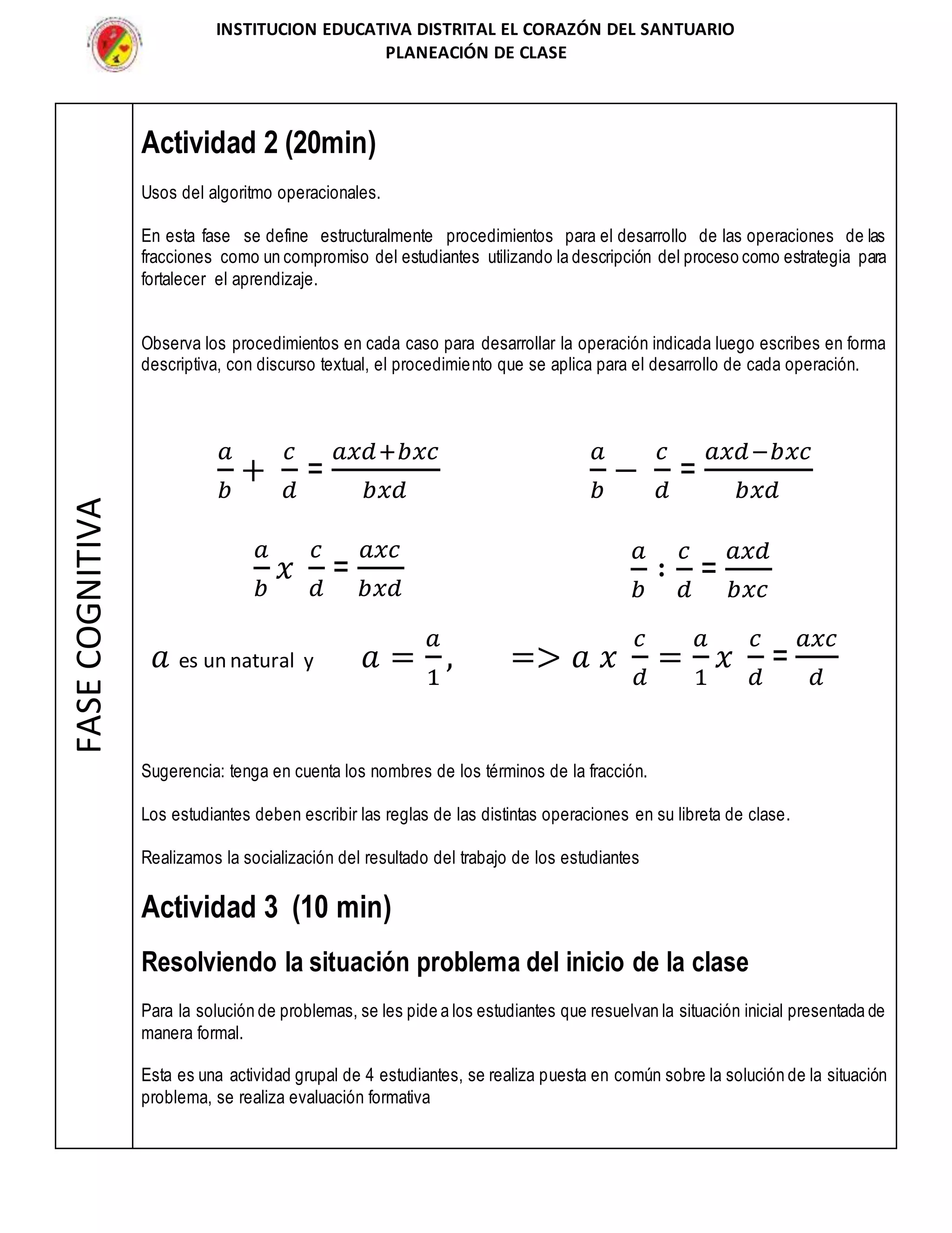 Plan de clase fracciones | DOCX