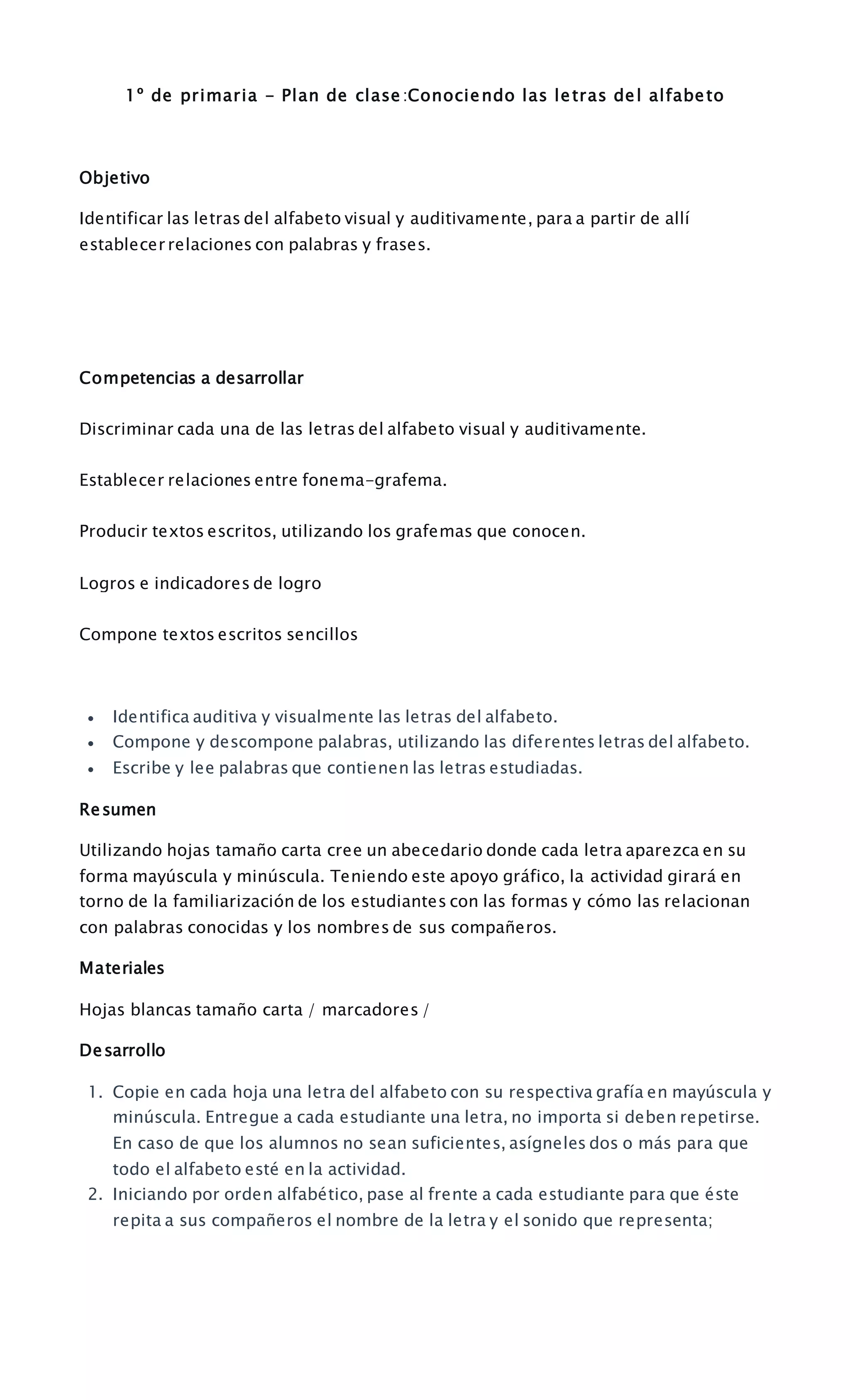 Plan de clase letras | DOCX
