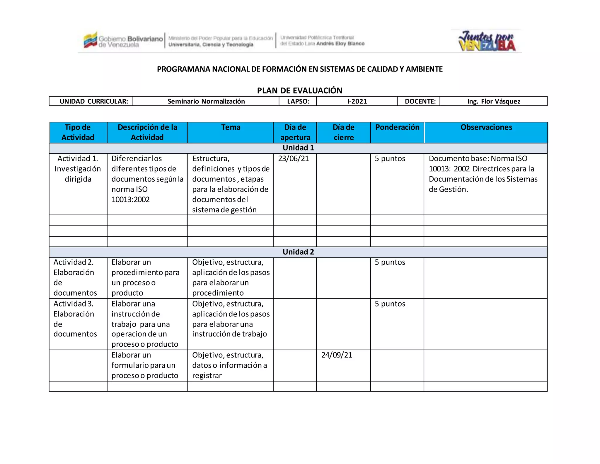 Plan de evaluacion seminario normalizacion | DOCX