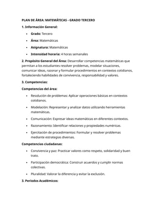 Propuesta paln de área de matematicas grado tercero de primaria | DOCX