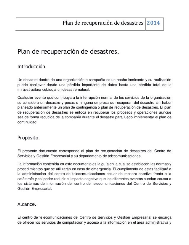Plan de recuperacion de desastres Plan de recuperacion de desastres