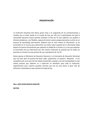Plan De Tic InstitucióN Educativa Don Bosco PopayáN | DOCX