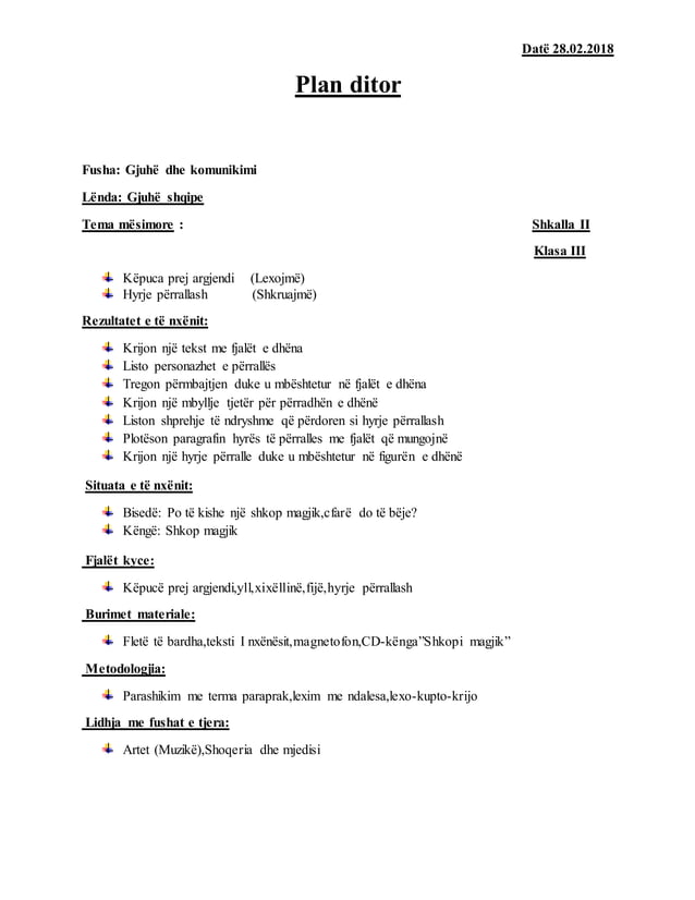 Plan ditor per gjuhe shqipe fillore | DOCX