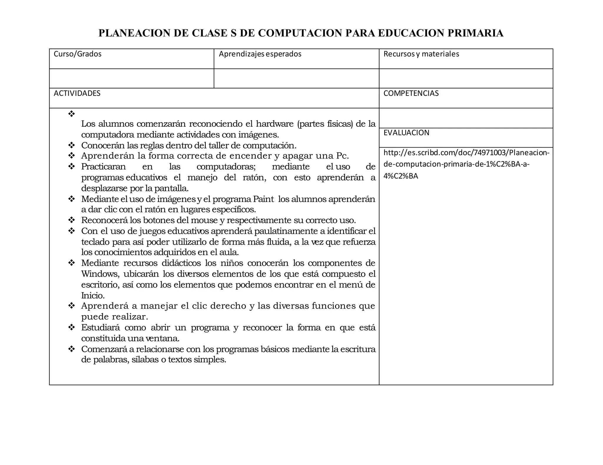 Planeacion de clase s de computacion | DOCX | Computing | Technology & Computing