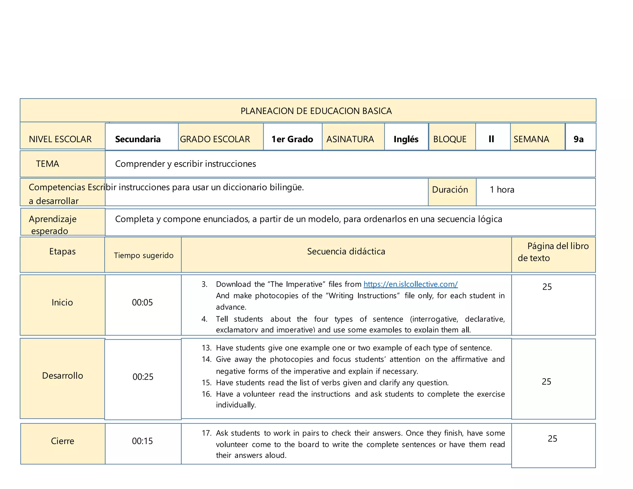 Planeacion de educacion basica ingles 1er año | DOCX