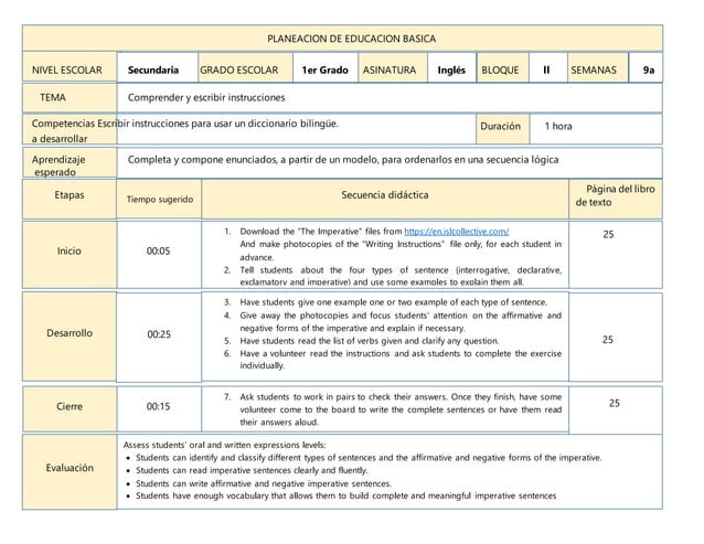Planeacion de educacion basica ingles 1er año
