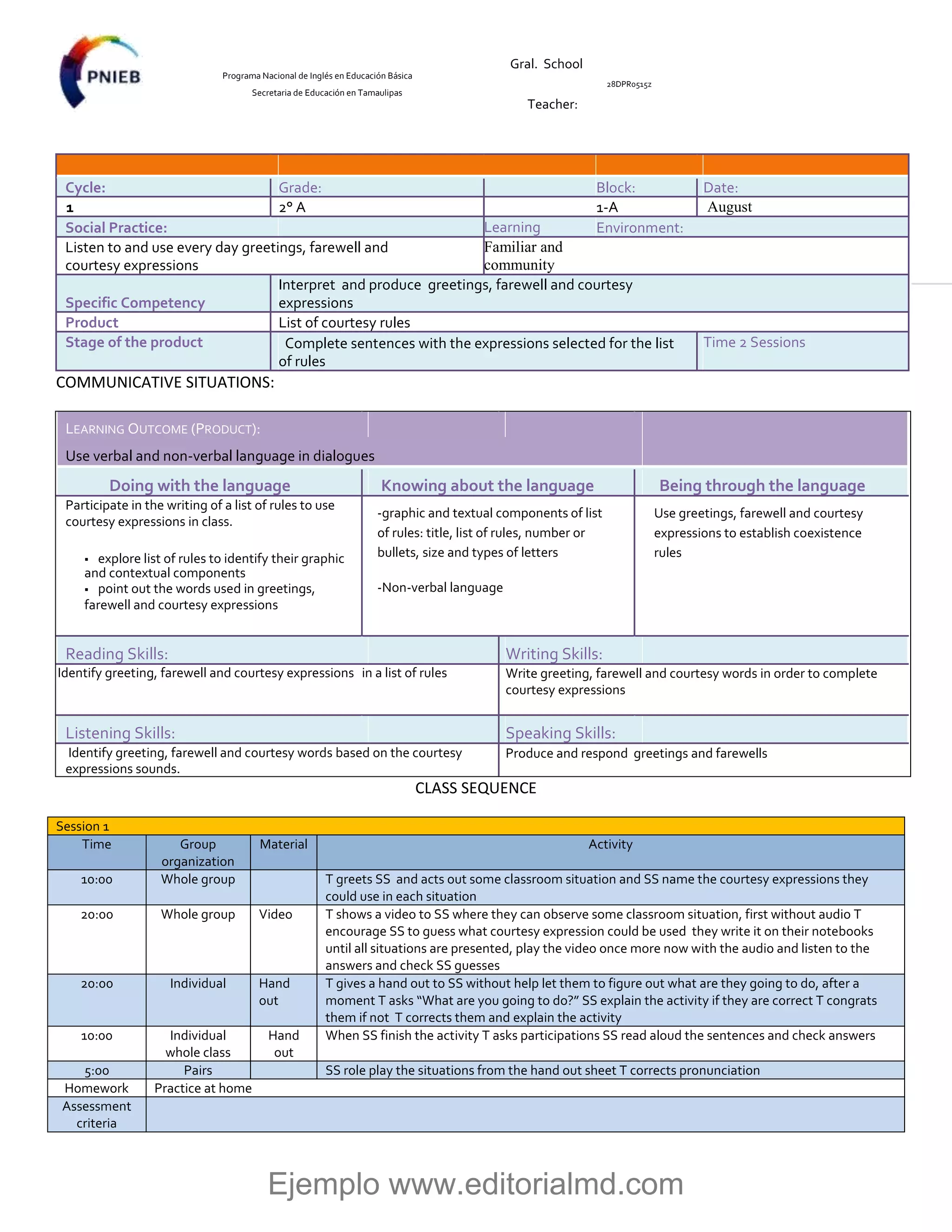 PLANEACIONES DE INGLES PRIMARIA PNIEB planeacion de ingles para ...