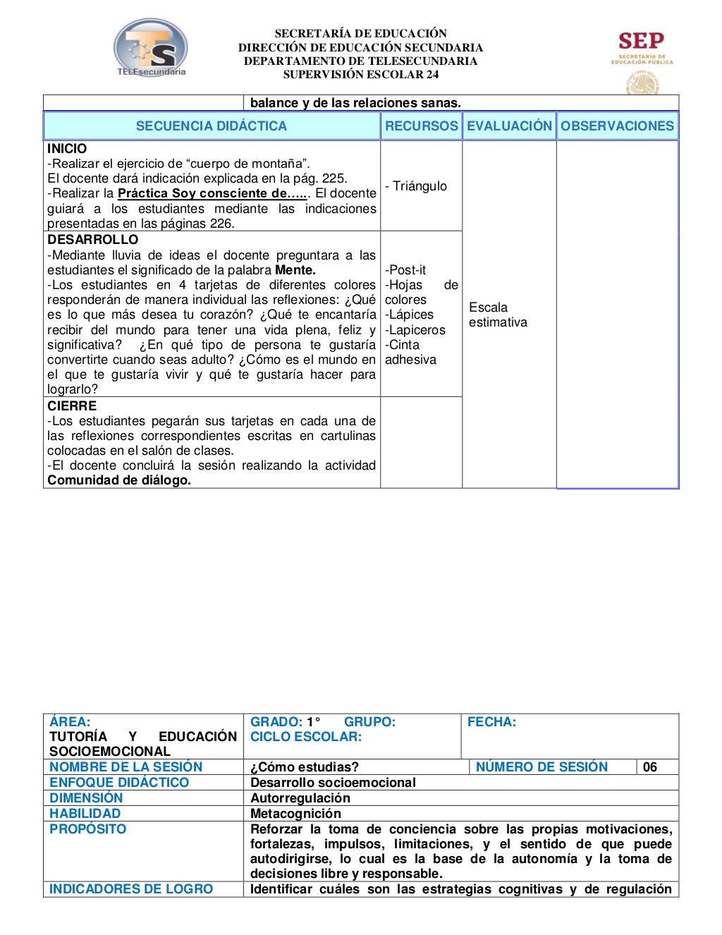 Planeaciones socioemocional primero