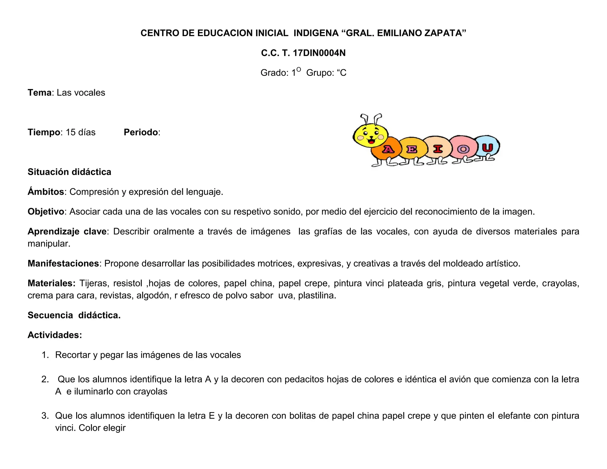 PLANEACION DE LAS VOCALES PARA PREESCOLAR pdf | PDF