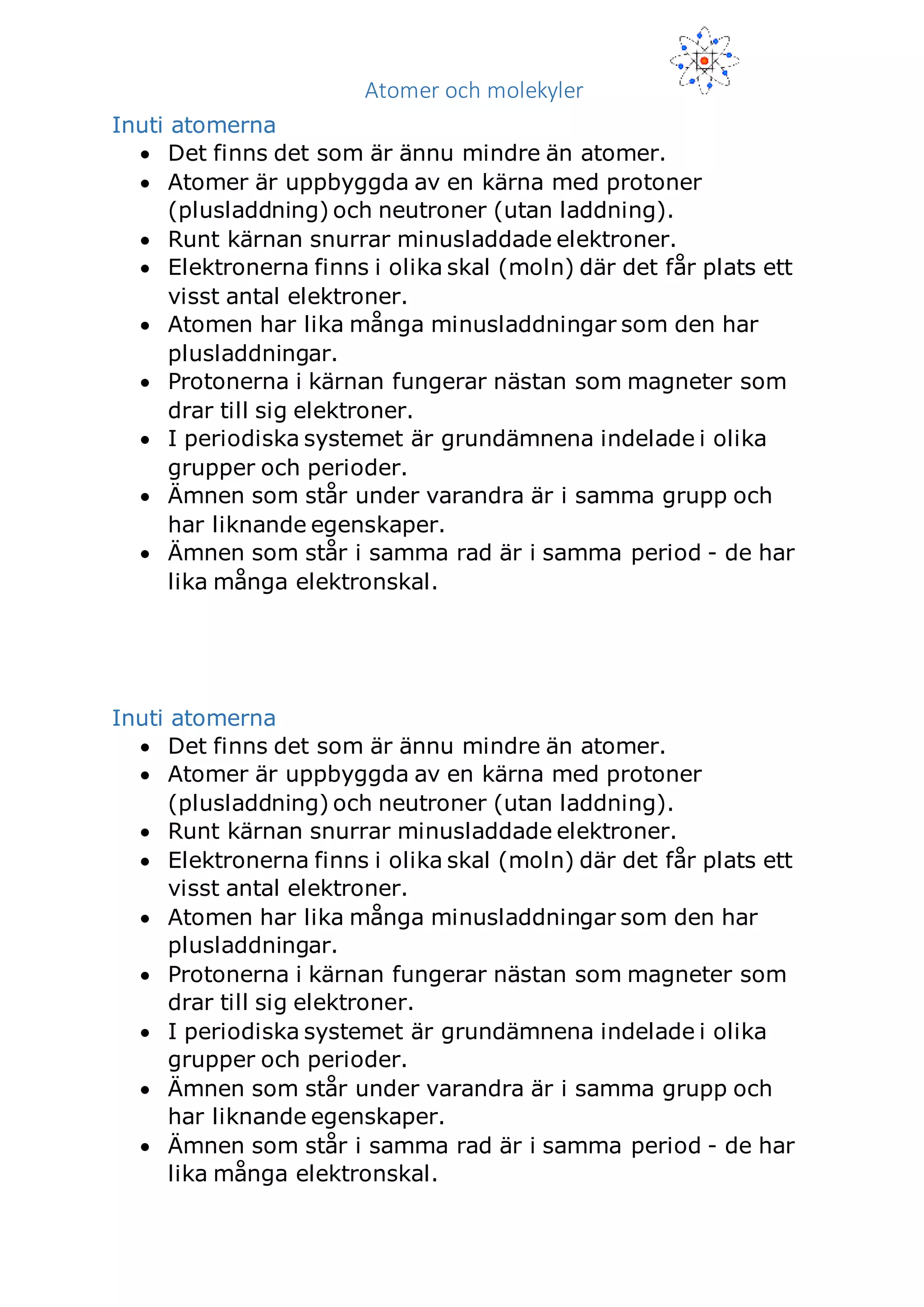 Planering atomer och molekyler, sexor och fyror | DOCX