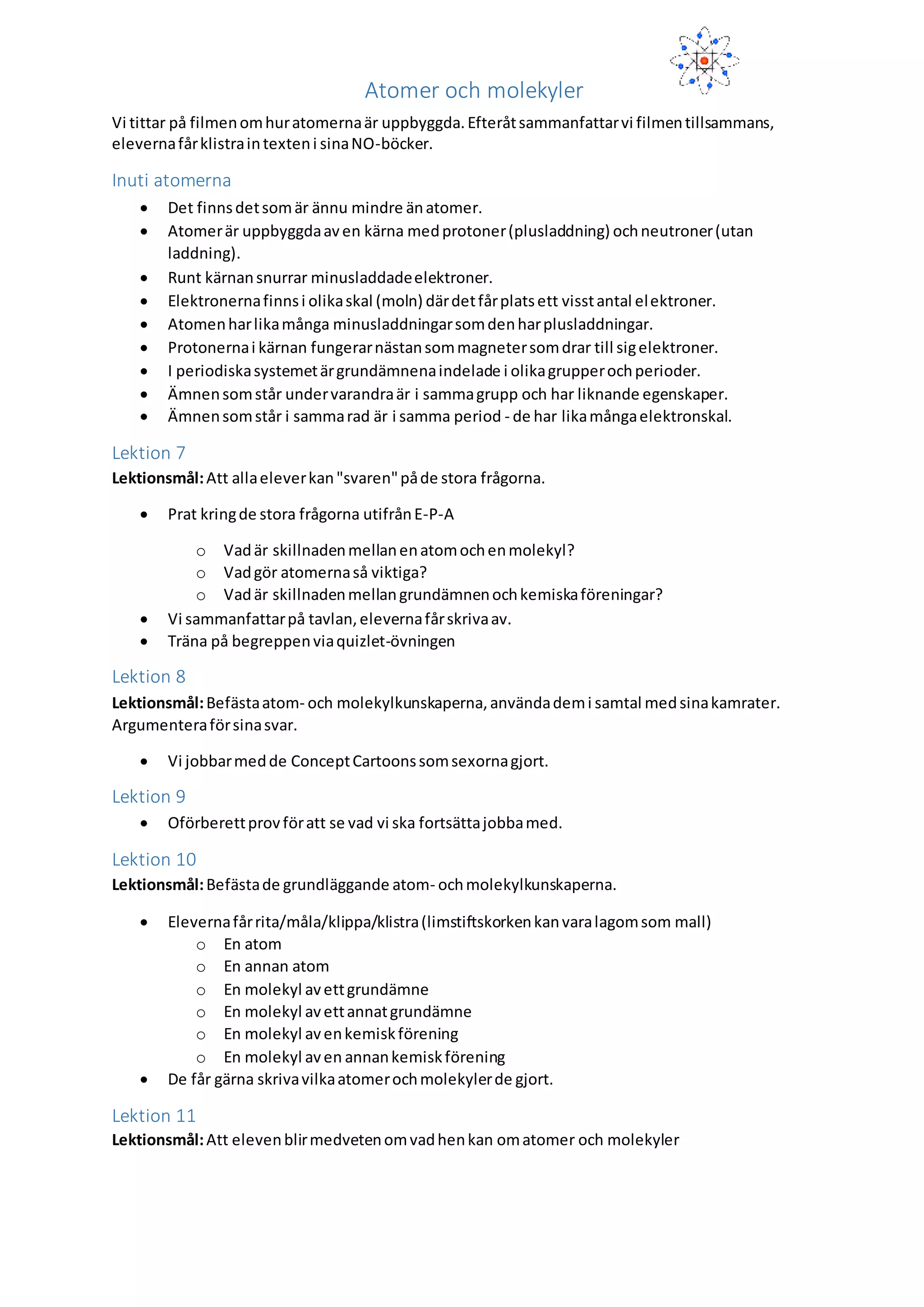Planering atomer och molekyler, sexor och fyror | DOCX