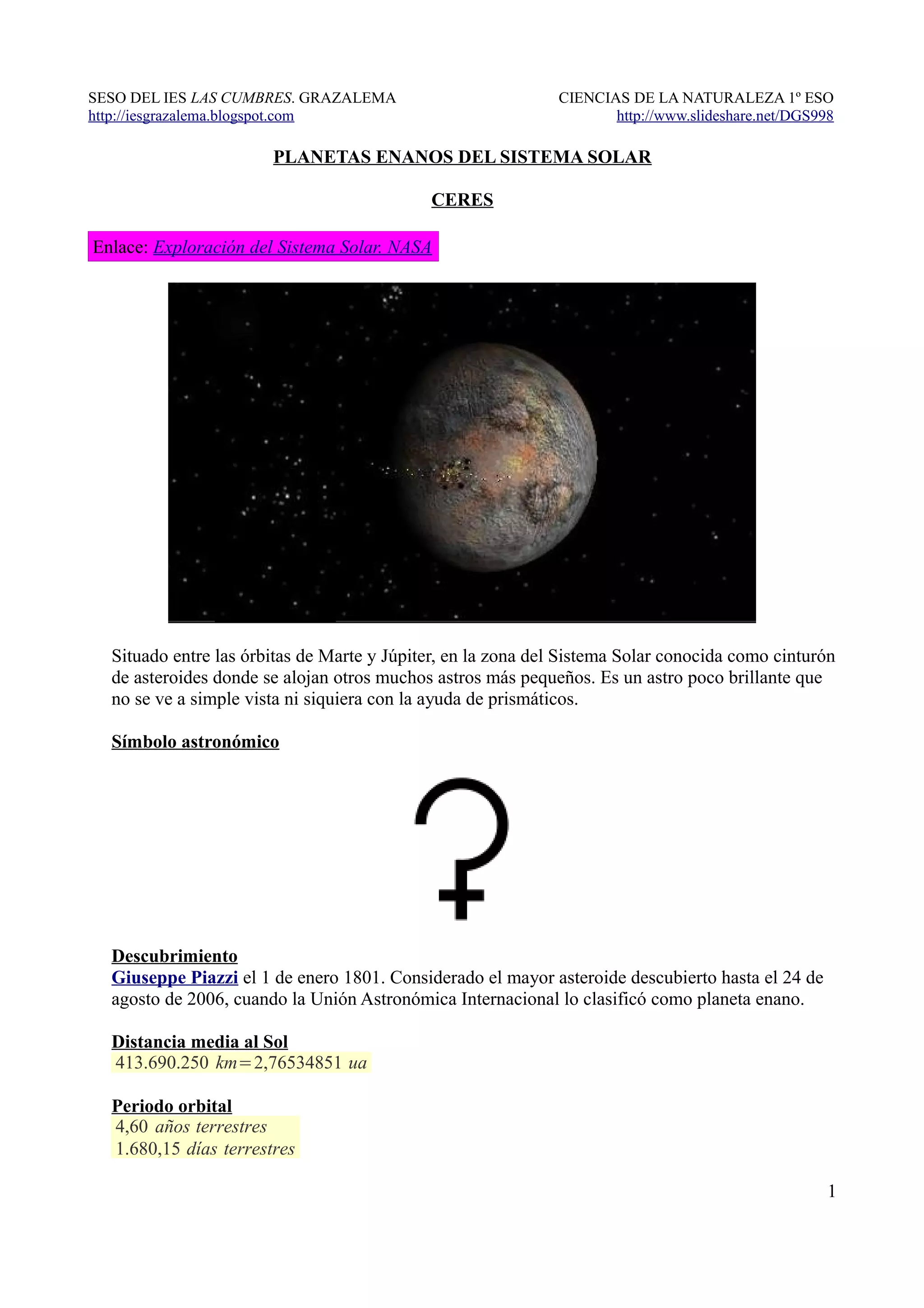 Planetas Enanos Del Sistema Solar Ceres Pdf