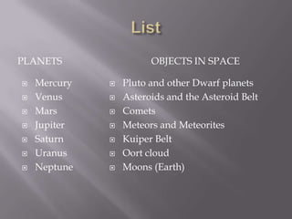 Planets and other space objects | PPTX