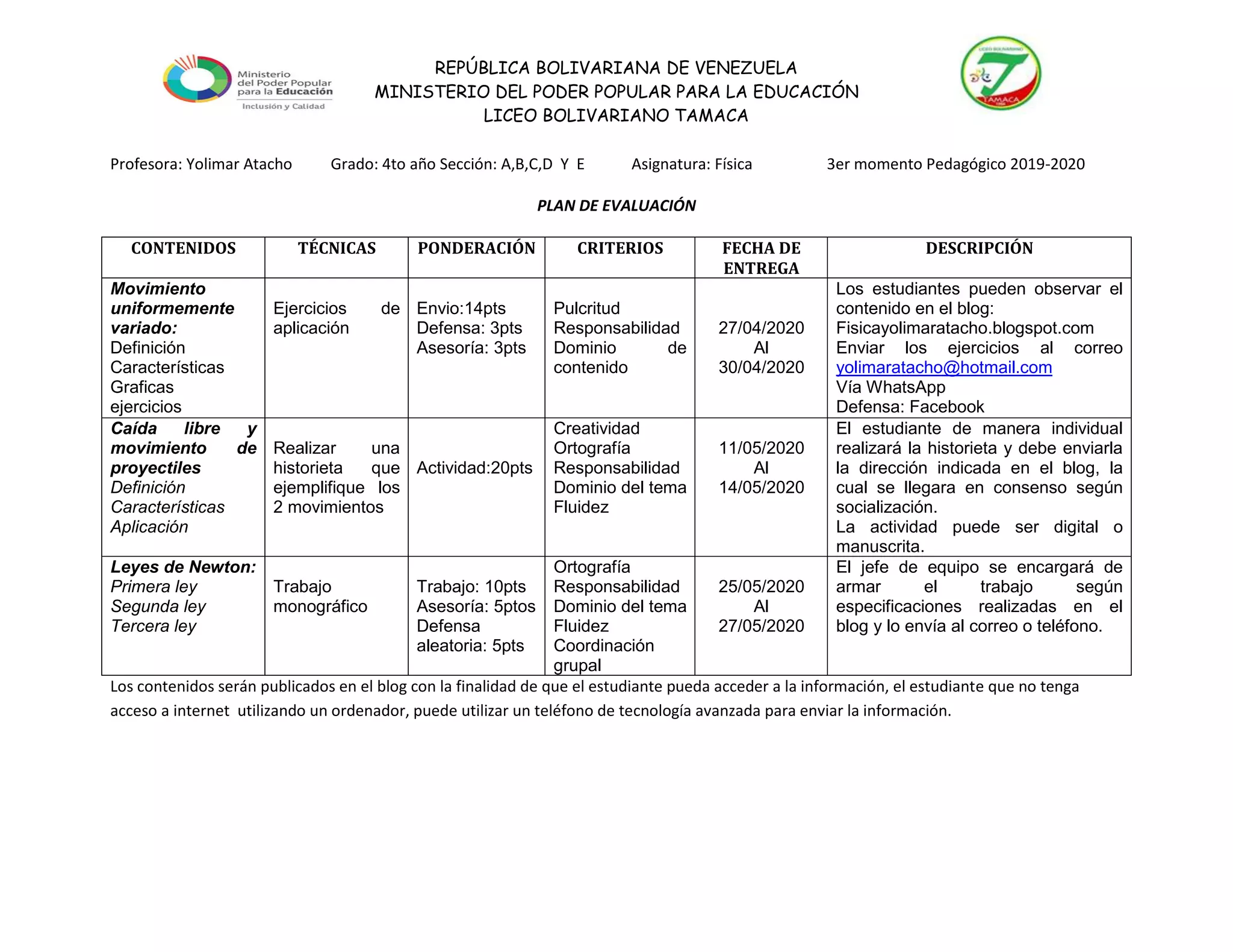 Plan de fisica de 4to año. Prof Yolimar Atacho | PDF