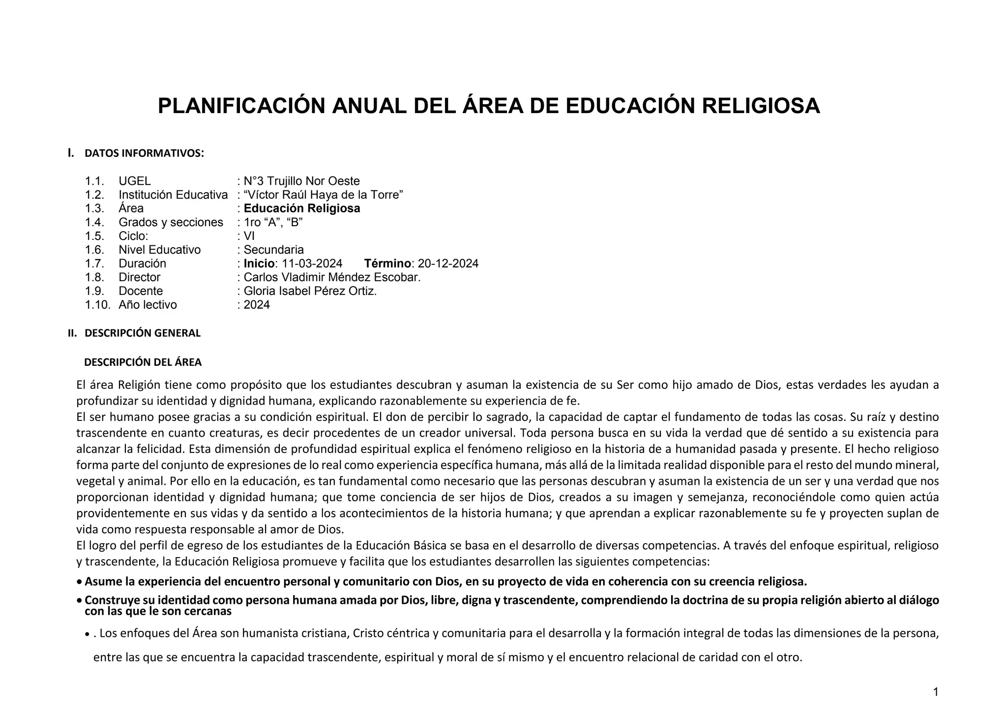 PLANIFICACIÓN ANUAL 2024 - AREA DE RELIGION | DOCX