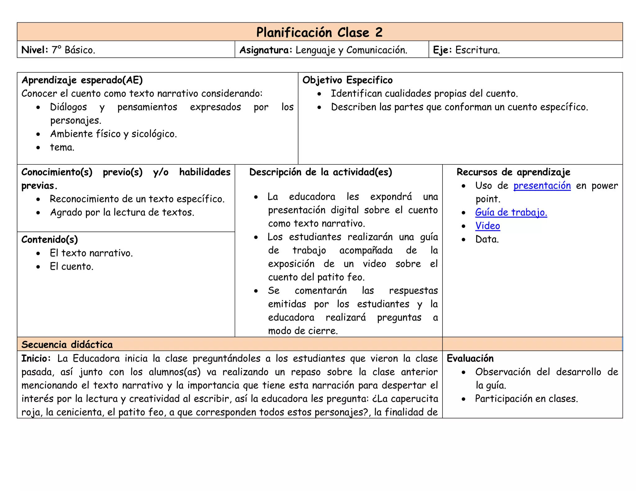 Planificación clase 2 el cuento como texto narrativo. | DOC
