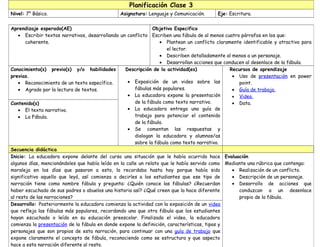 Planificación clase 3 la fábula como texto narrativo. | DOC