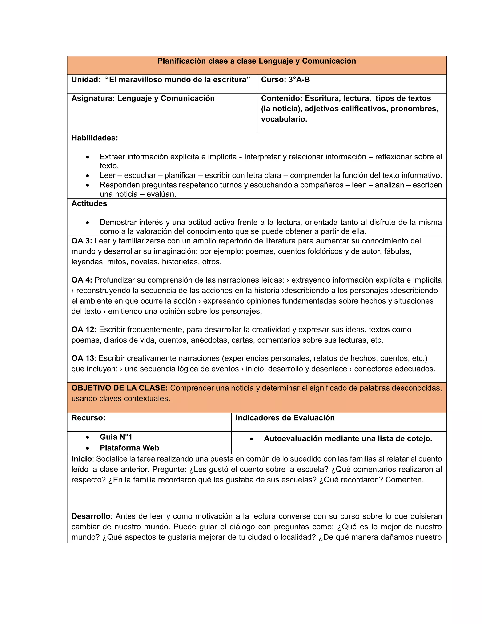 Planificación clase a clase lenguaje y comunicación 1 | PDF