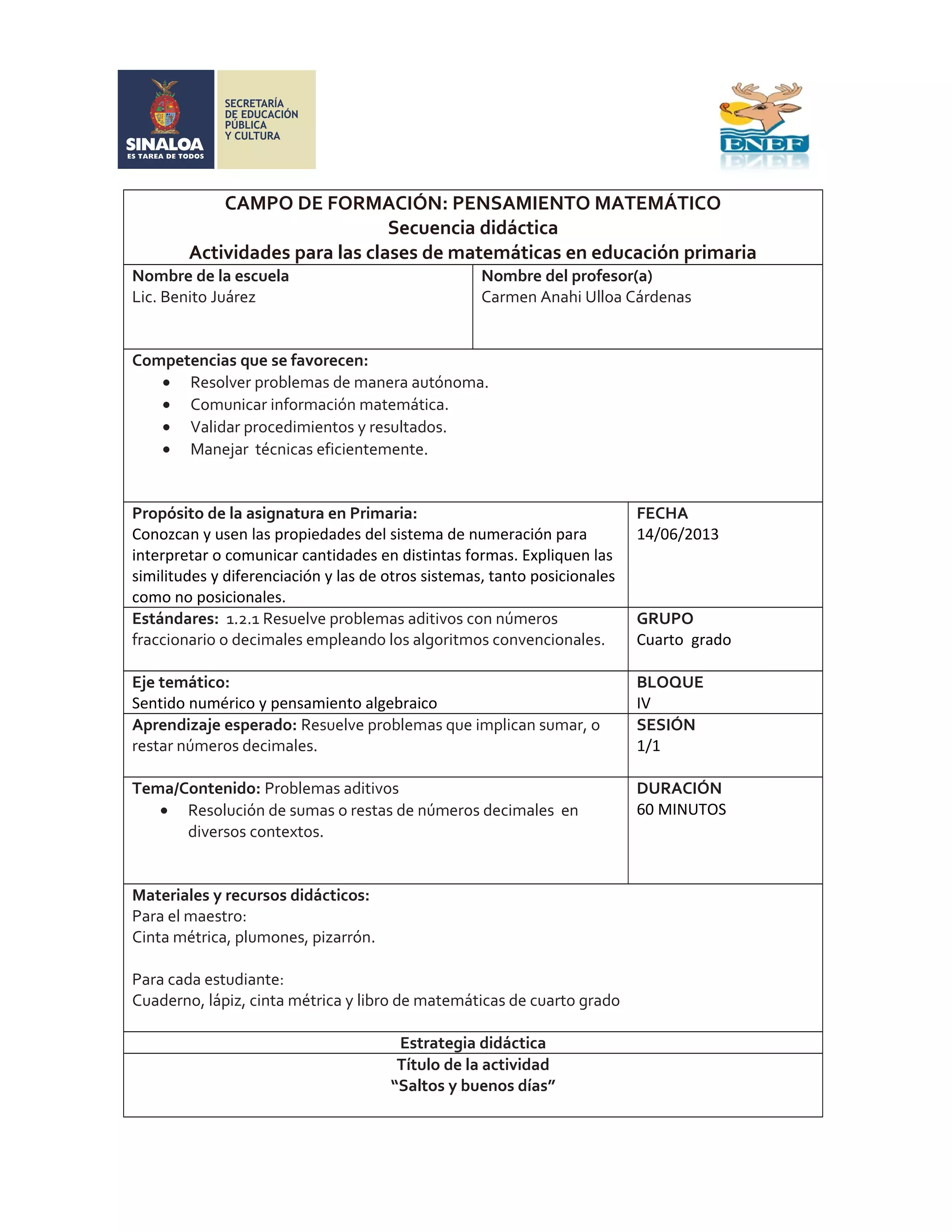Planificación de matemáticas 4to grado | DOC