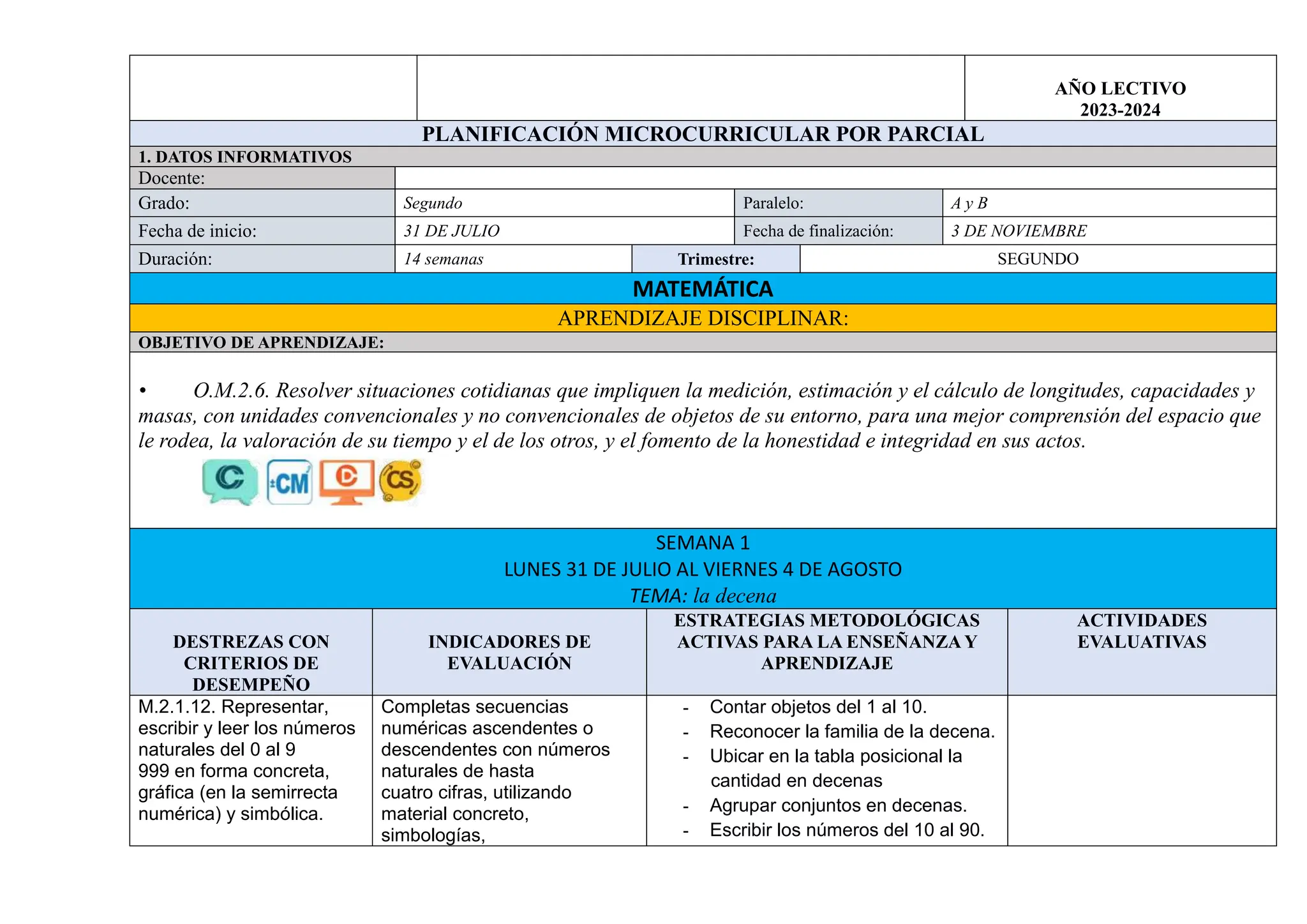 PLANIFICACIÓN de matemática primer grado | DOCX