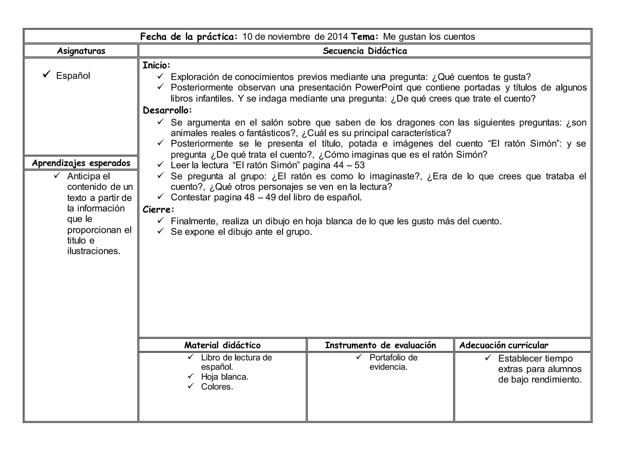 Planificacion de español y matematicas | DOCX