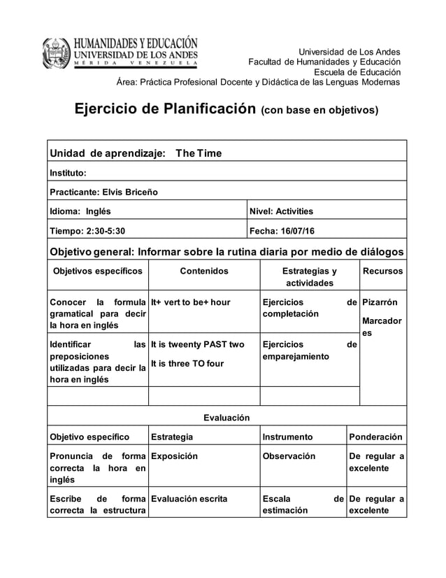 Ejercicio De Planificación Docx Education