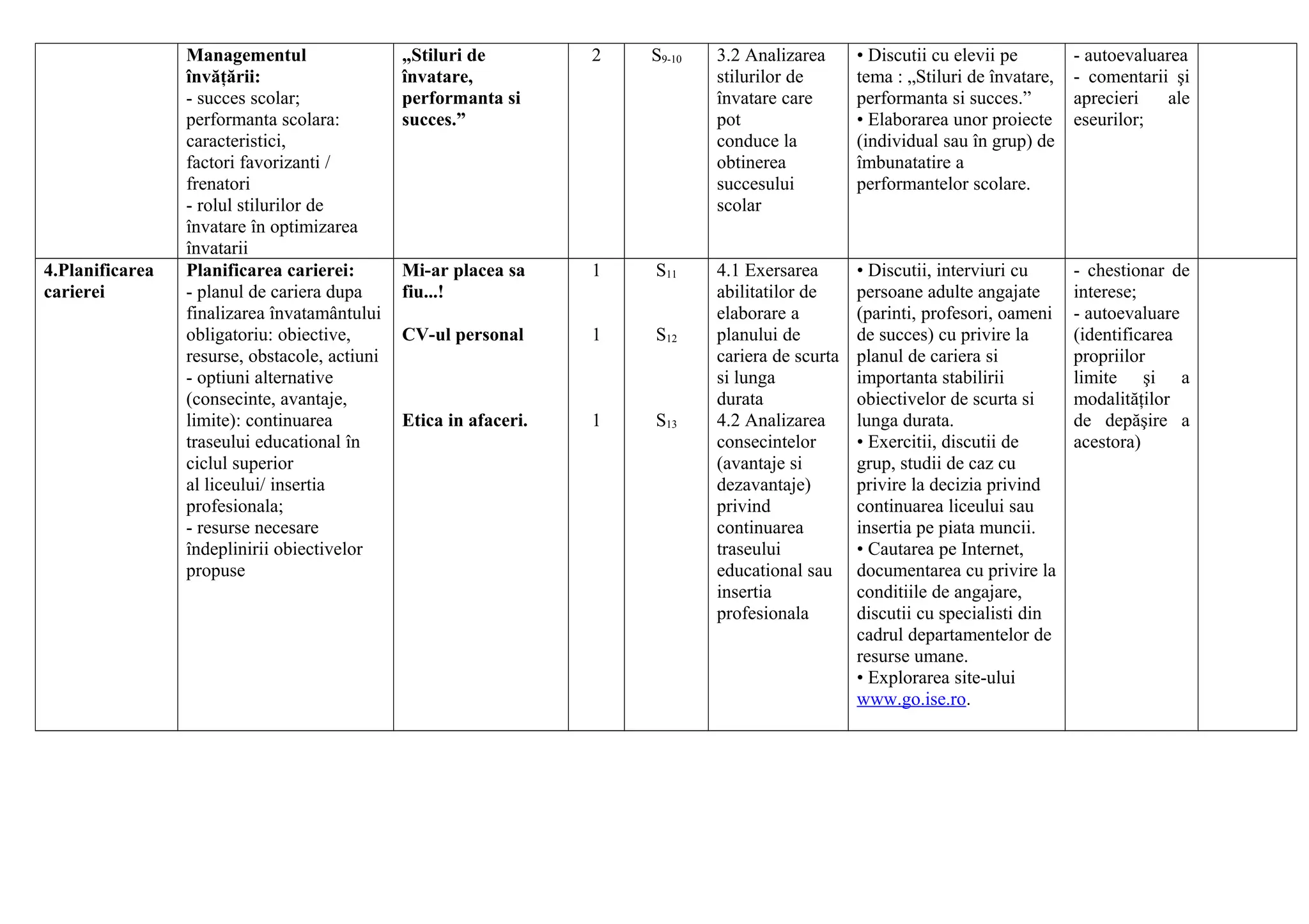 Planificare dirigentie clasa a x a | DOC