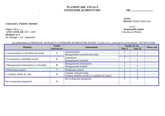 Planificare dirigentie clasa a x a | DOC