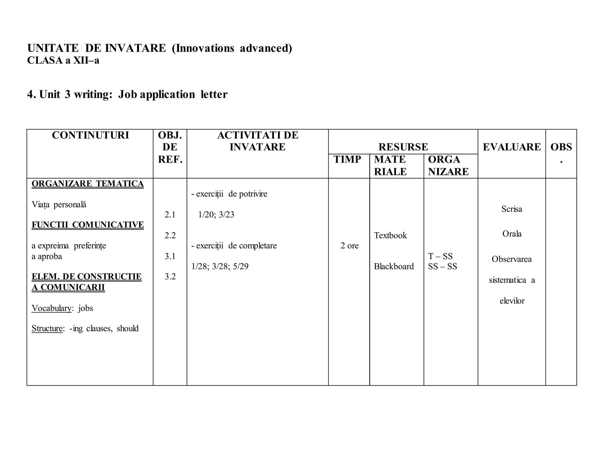 Planificare inovations cls xii | PDF