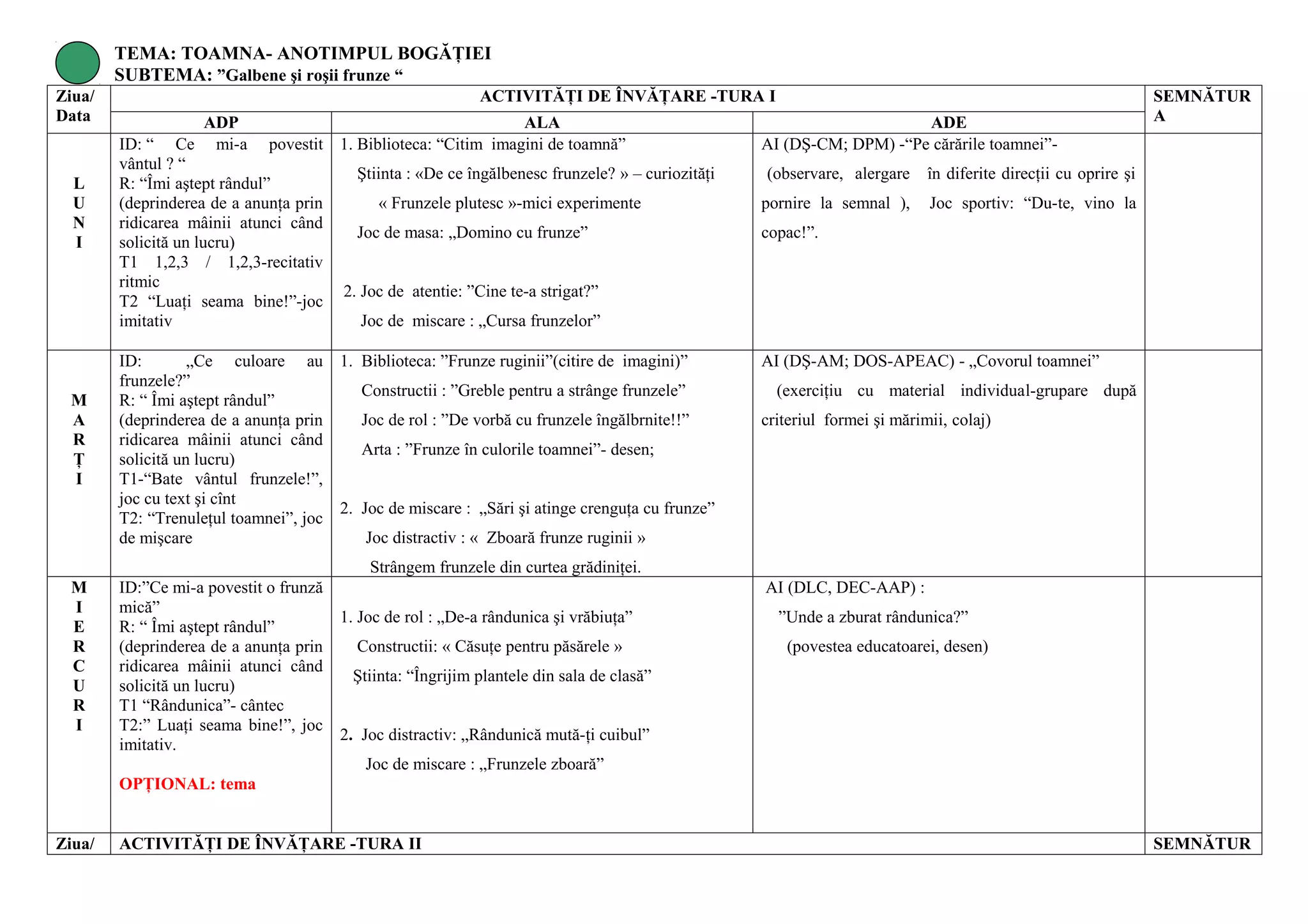 Planificare orientativa proiect toamna | DOC