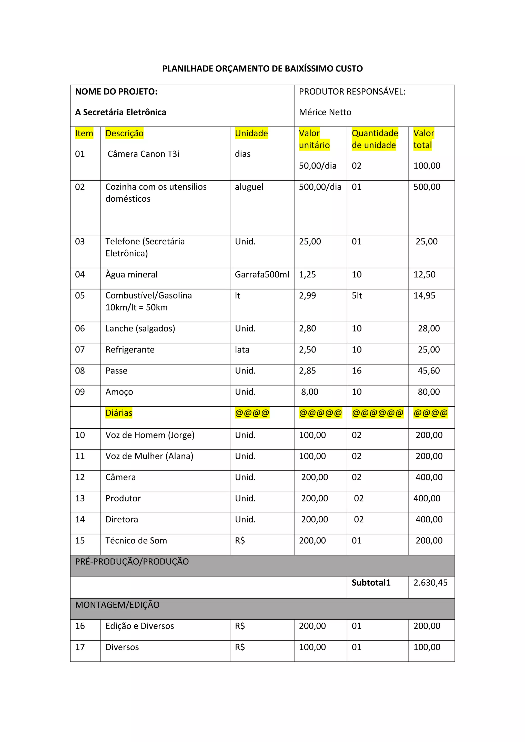 Planilha do Orçamento do vídeo A secretaria eletrônica 3m Direção ...