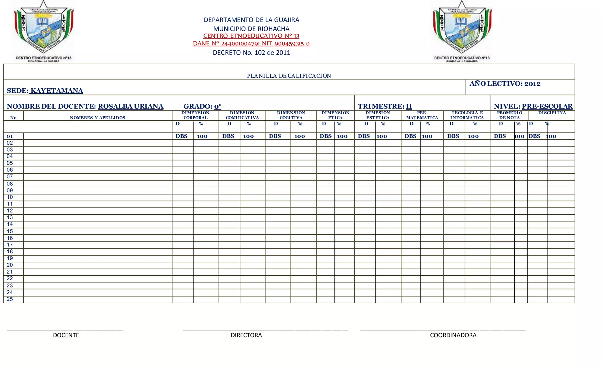 Planilla de calificacion pre escolarii | DOCX