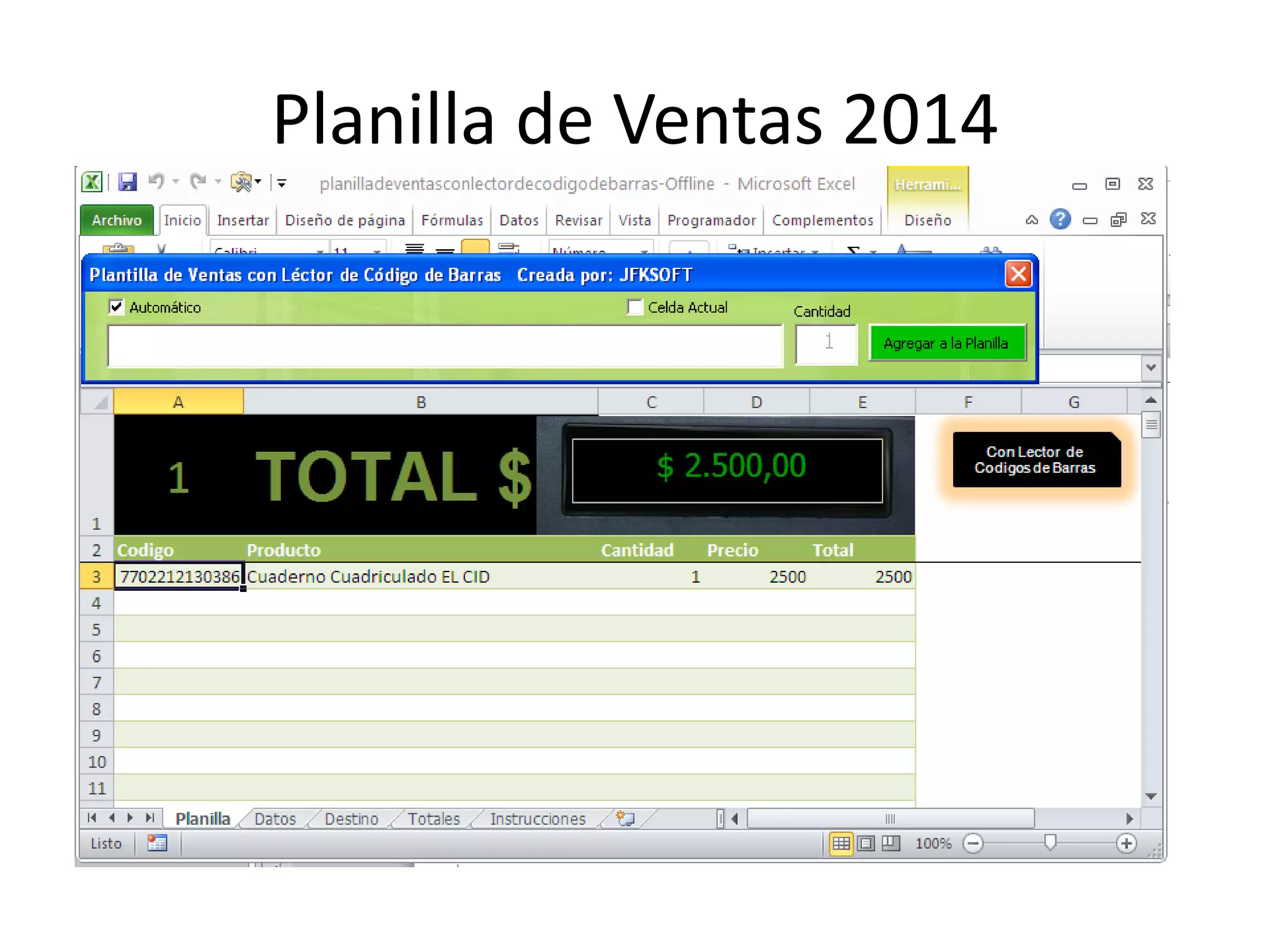 Planilla de Ventas Excel 2014 con Lector de Codigo de Barras | PPT