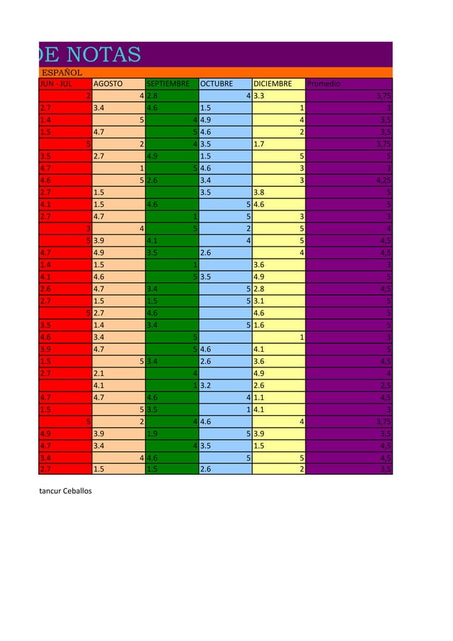 Planilla notas | PDF