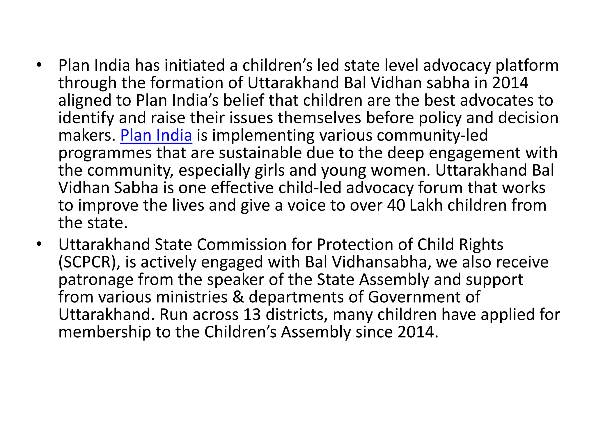 PLAN INDIA BAL VIDHAN SABHA | PPTX