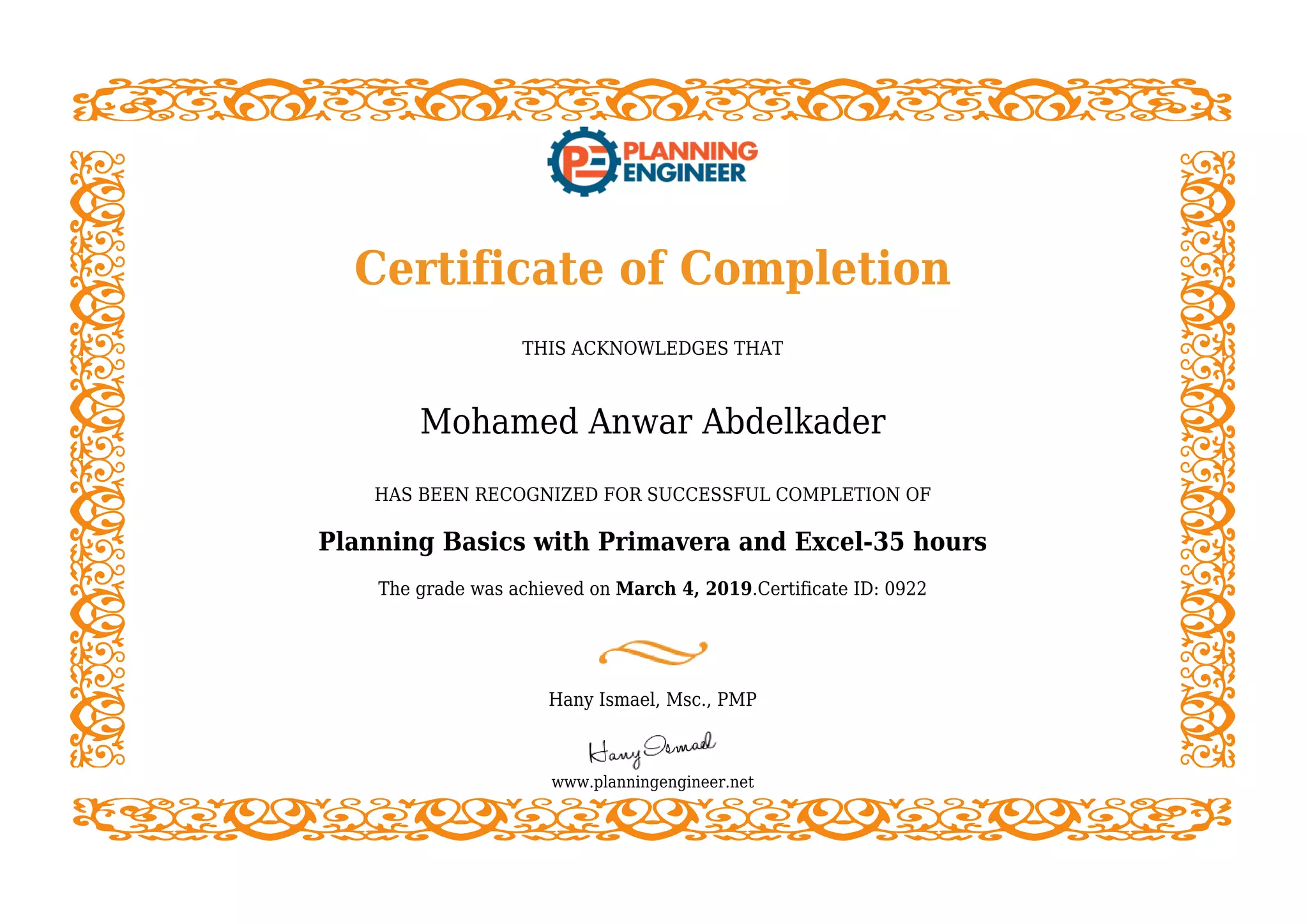Planing Engineer Certificate | PPT