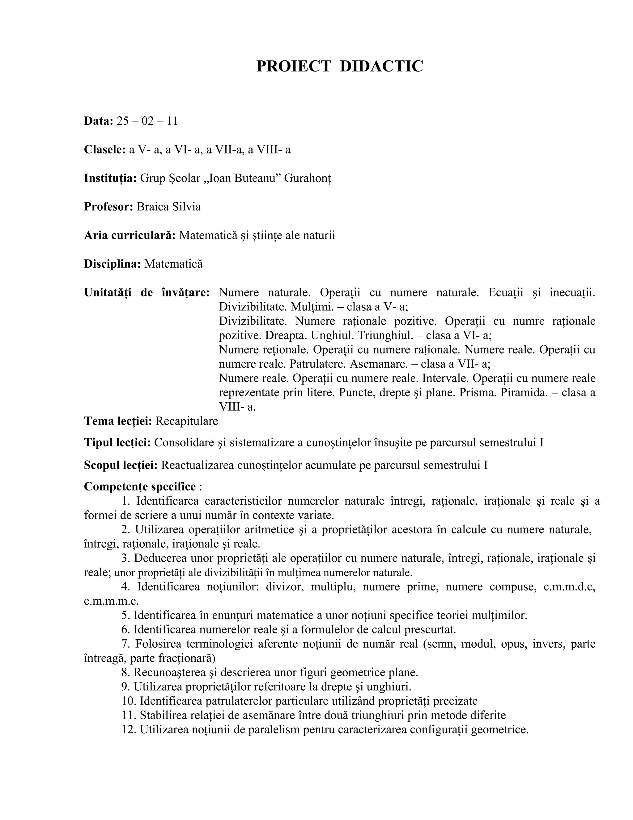 Plan lecţie cerc matematică | DOC