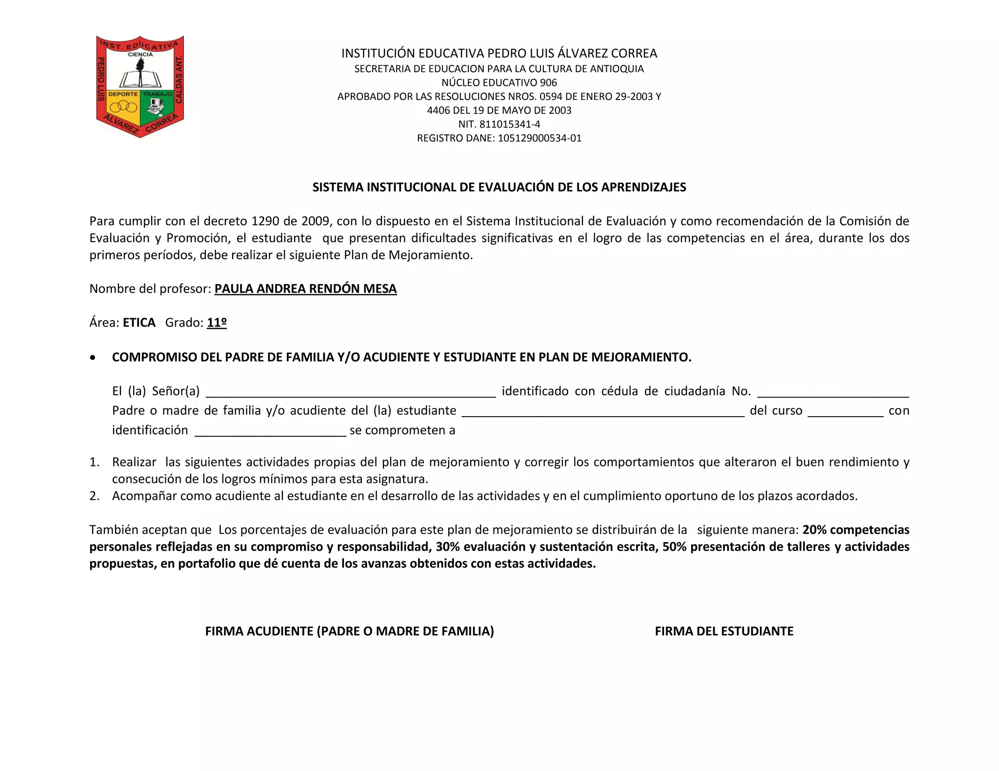 Plan mejoramiento etica 2012 | PDF