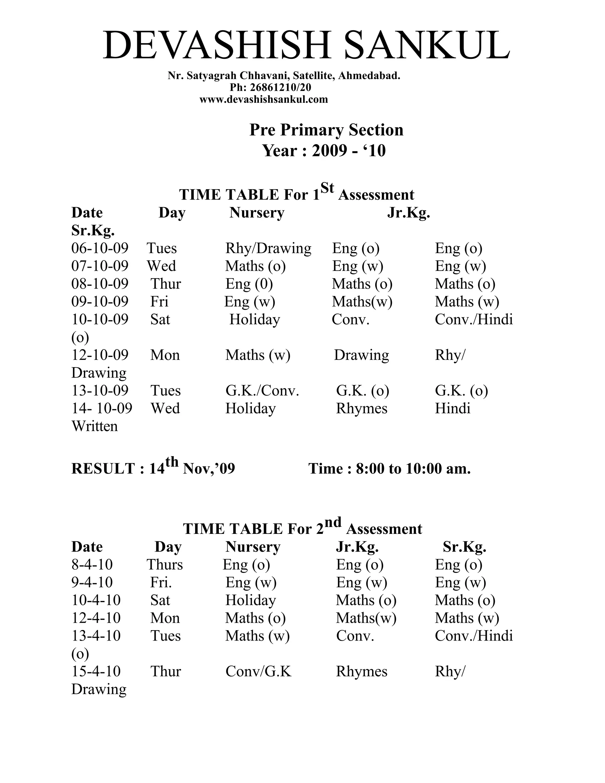 Pre-primary exam time-table | PDF