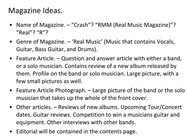 A-Level Media Studies - Magazine Planning. (Primary Coursework) | PPT