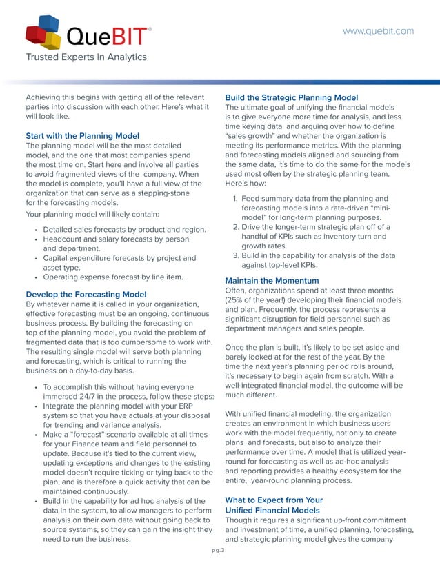 Planning and Forecasting - Aligning Finance Models to Streamline Business Processes - QueBIT | PDF