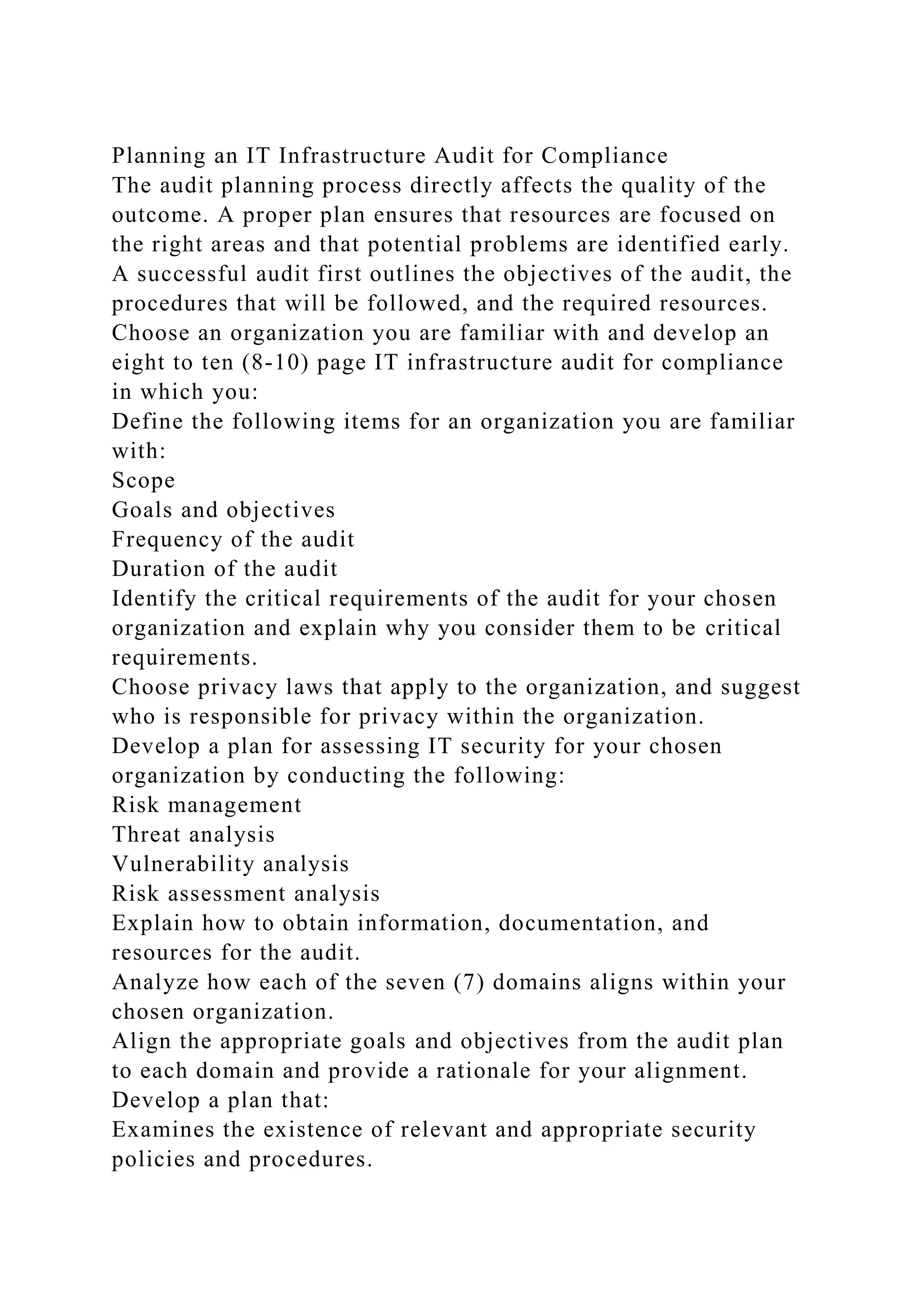 Planning an IT Infrastructure Audit for ComplianceThe audit planni.docx