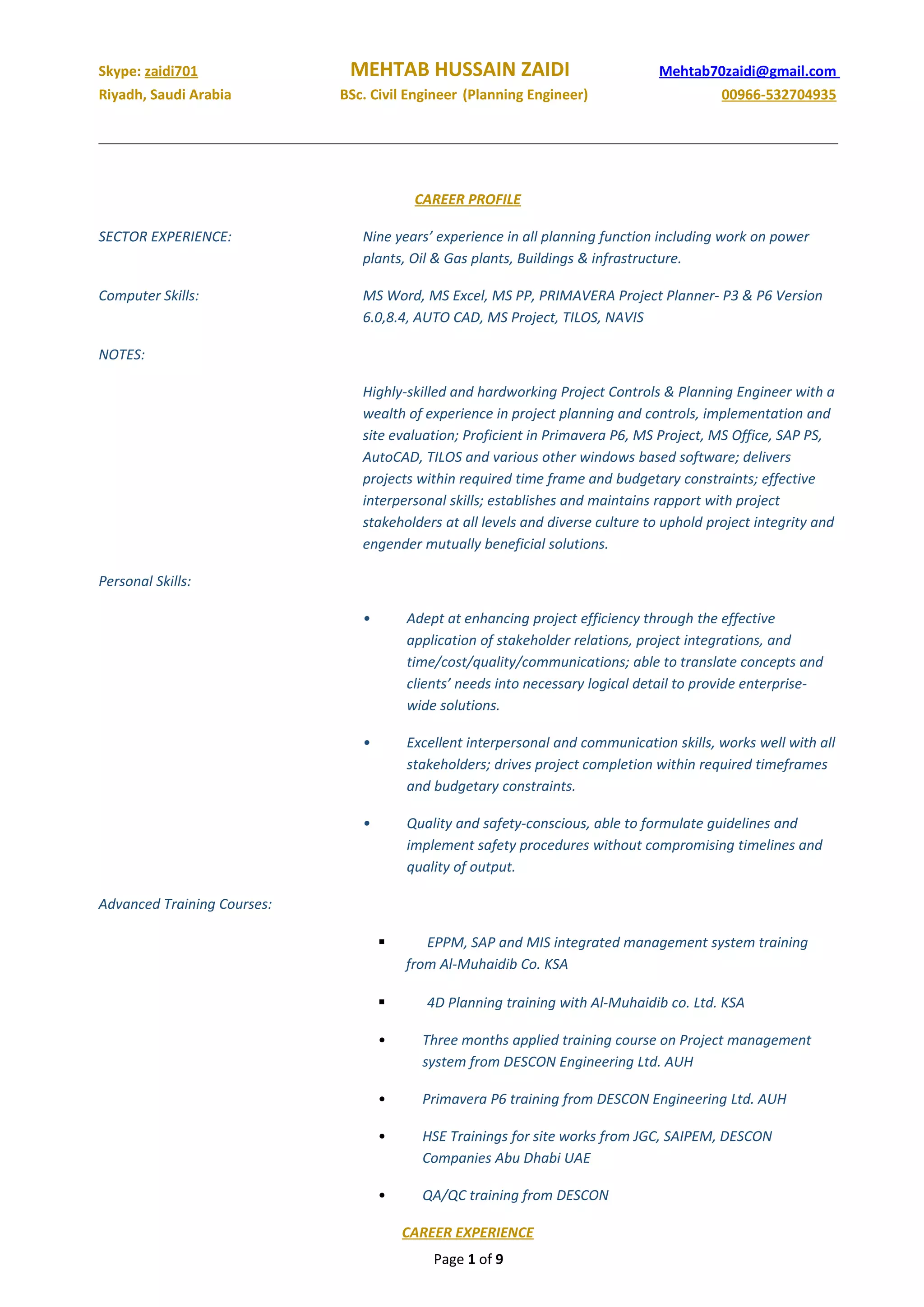 Planning engineer cv (mehtab) | DOC