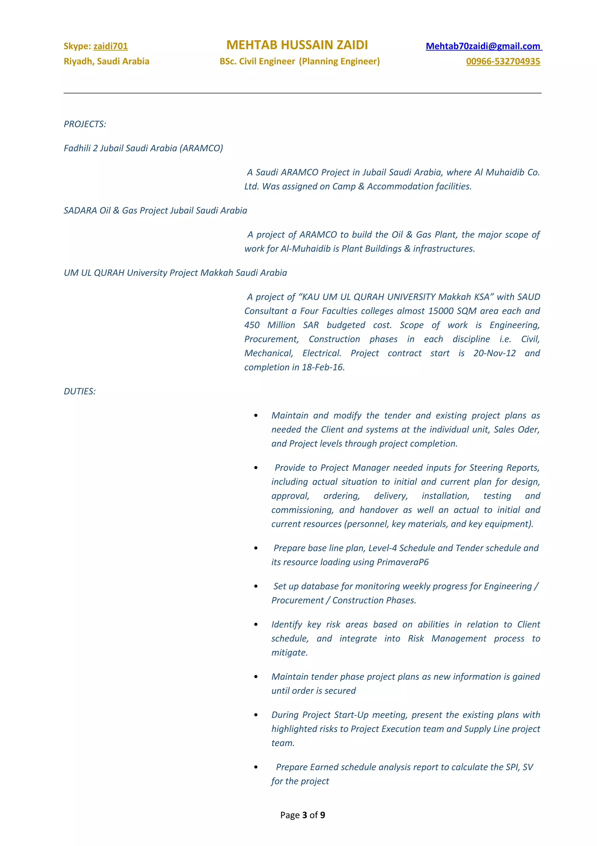 Planning engineer cv (mehtab) | DOC