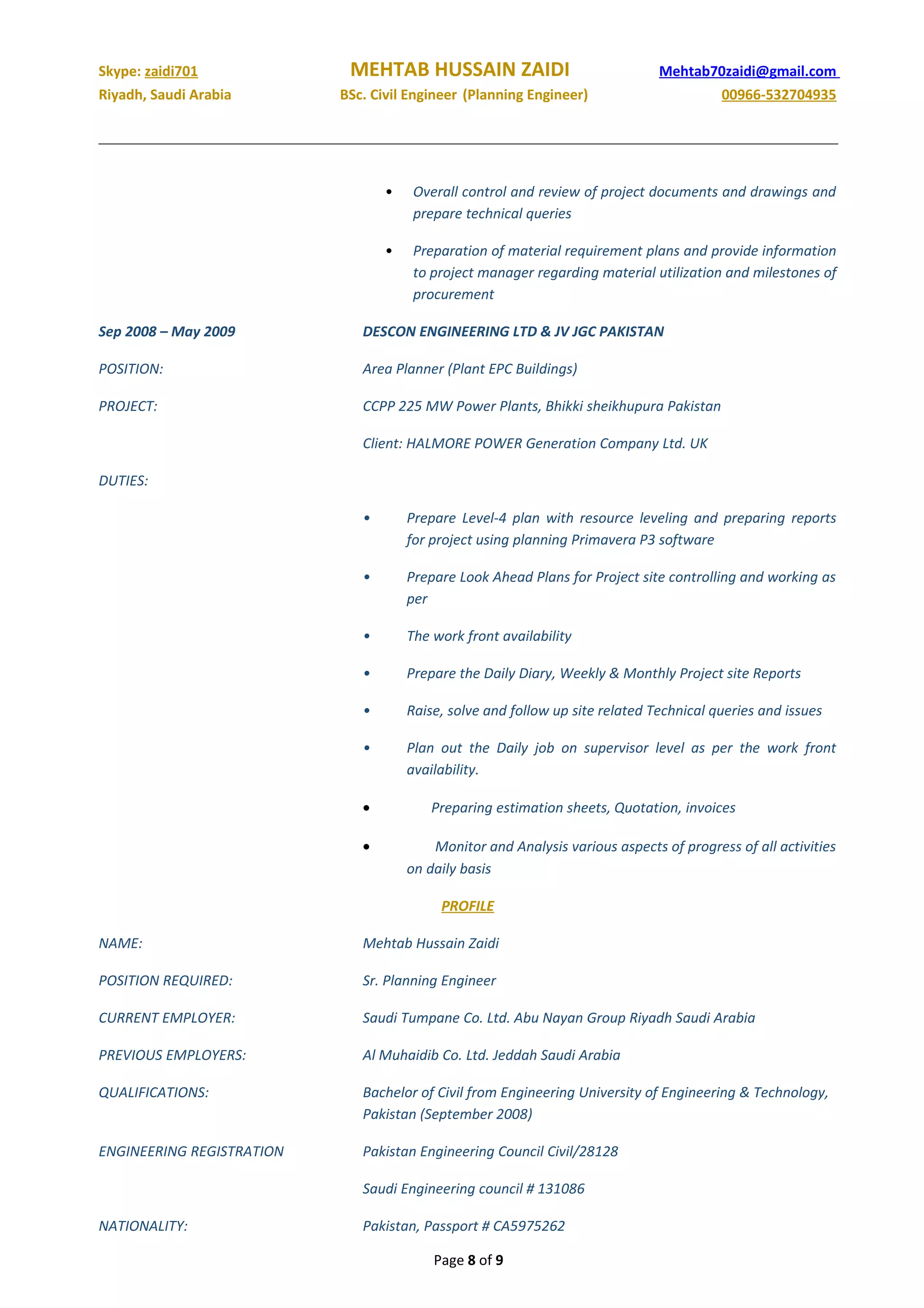Planning engineer cv (mehtab) | DOC