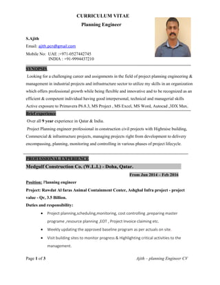 Planning engineer cv with 9 yrs experience(1) | DOC