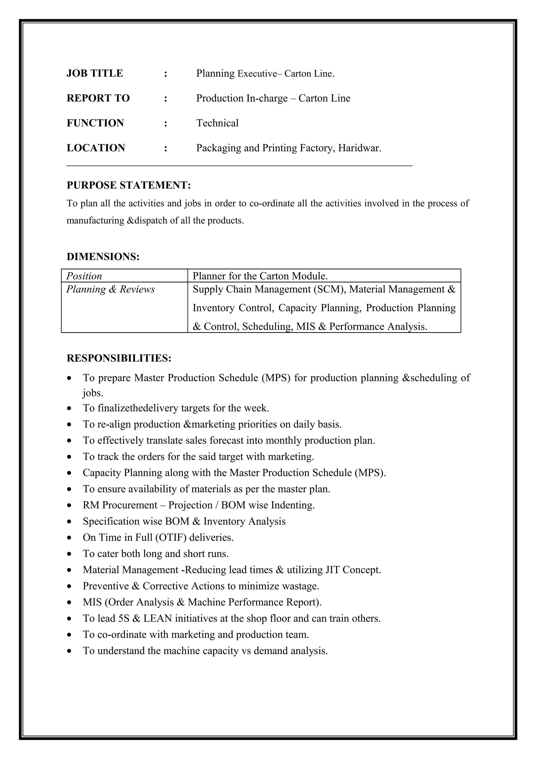 Planning executive carton line haridwar | DOC