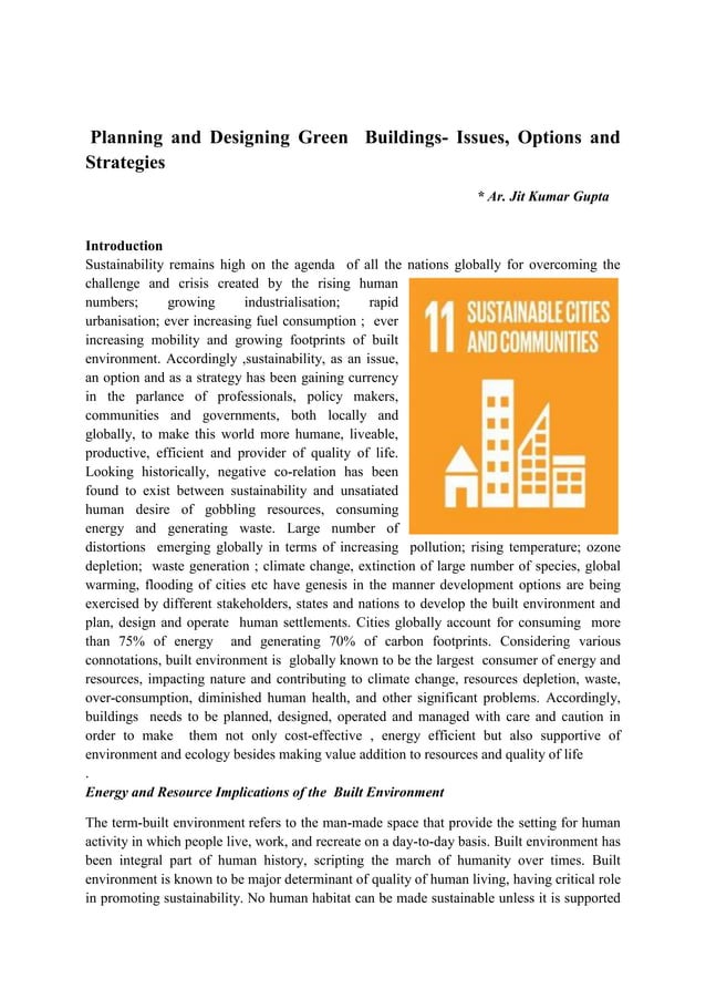 Planning and Designing Green buildings-.issues, options and strategies ...