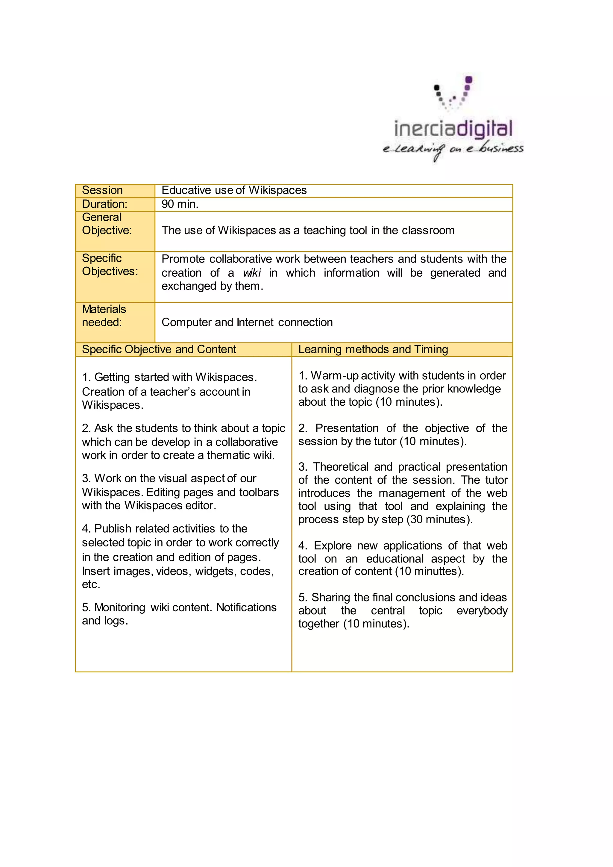 Planning session - Educative use of WikiSpaces | PDF